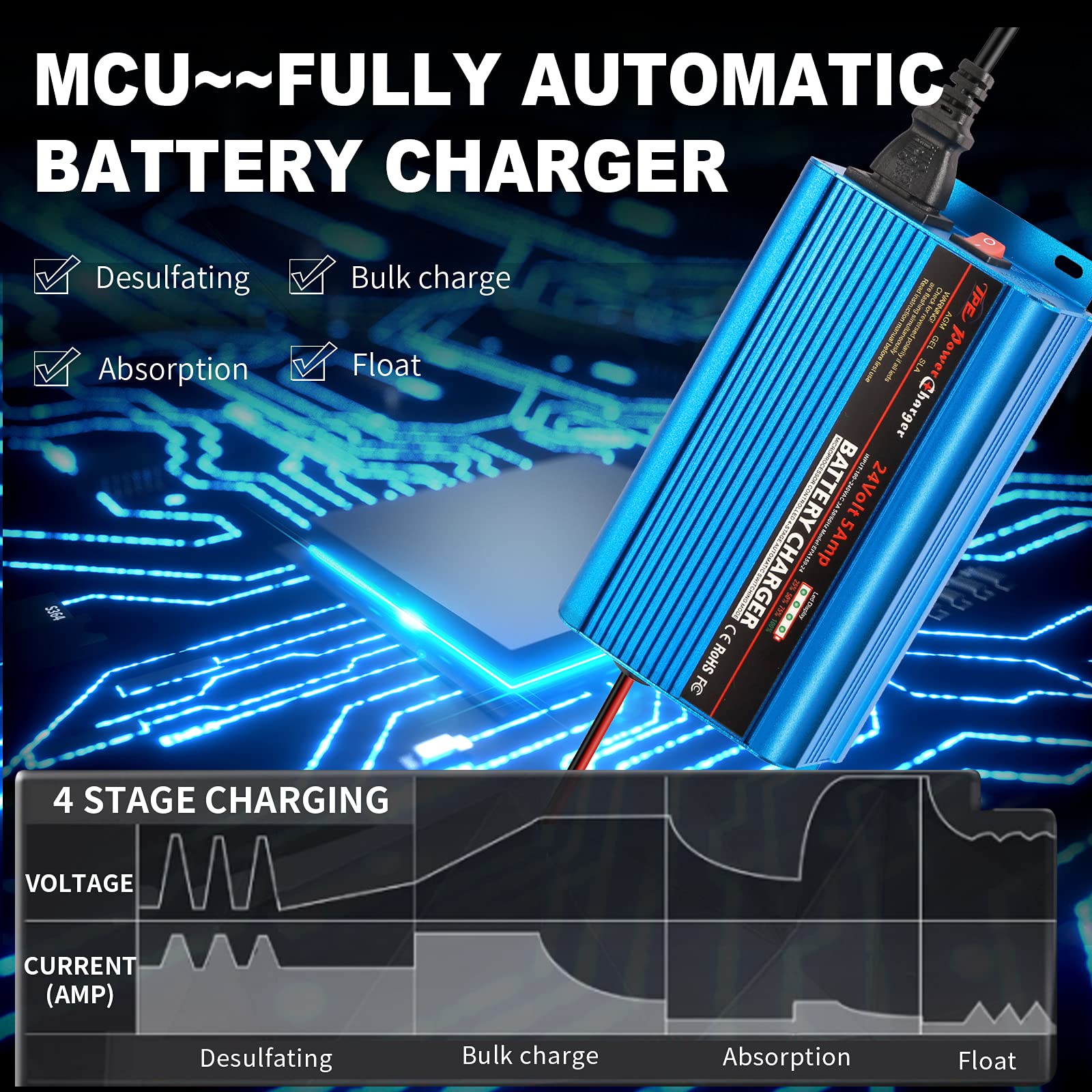 24V 5Amp Smart Automatic Battery Charger, Portable Battery Maintainer with XLR Connector for Car Boat Lawn Mower Marine Scooter Wheelchair Motorcycle eBike