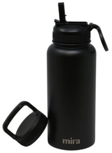 mira water bottle with straw and handle lid vacuum insulated stainless steel metal thermos bottle - reusable leak proof keep cold sports flask - 32 oz, 2 lids, black