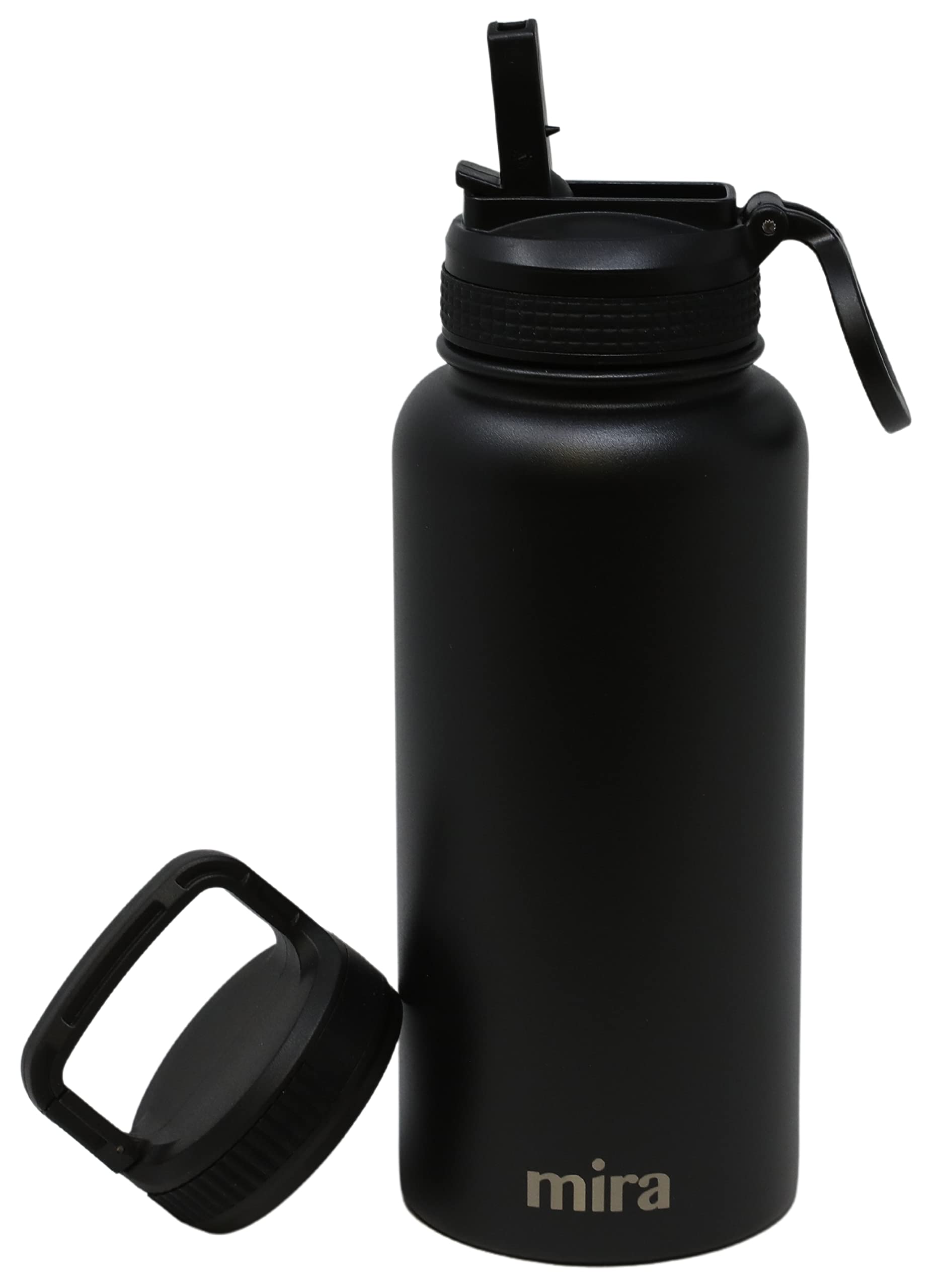 MIRA Water Bottle with Straw and Handle Lid Vacuum Insulated Stainless Steel Metal Thermos Bottle - Reusable Leak Proof Keep Cold Sports Flask - 32 oz, 2 Lids, Black