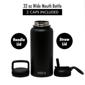 MIRA Water Bottle with Straw and Handle Lid Vacuum Insulated Stainless Steel Metal Thermos Bottle - Reusable Leak Proof Keep Cold Sports Flask - 32 oz, 2 Lids, Black