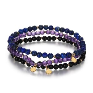 morgan & paige genuine black agate, african amethyst, and lapis lazuli with 18k gold plated bronze beaded stretch bracelets (set of 3)