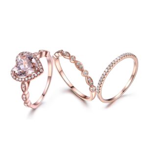 3pcs 14k rose gold engagement ring set,8mm heart shaped pink morganite halo vintage diamond bridal band