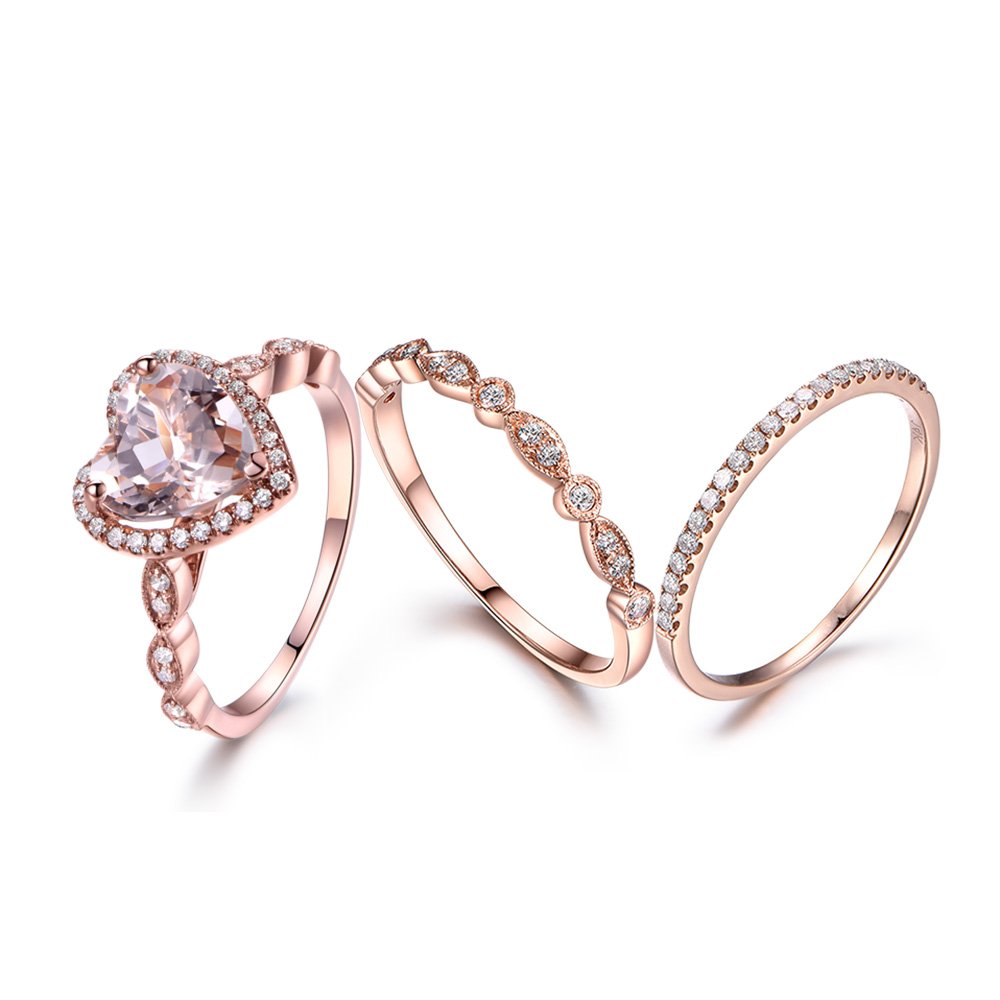 3pcs 14k Rose Gold Engagement Ring Set,8mm Heart Shaped Pink Morganite Halo Vintage Diamond Bridal Band