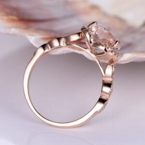 3pcs 14k Rose Gold Engagement Ring Set,8mm Heart Shaped Pink Morganite Halo Vintage Diamond Bridal Band