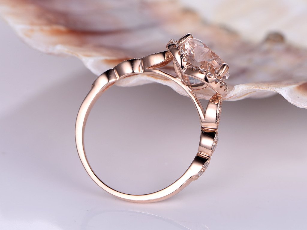 3pcs 14k Rose Gold Engagement Ring Set,8mm Heart Shaped Pink Morganite Halo Vintage Diamond Bridal Band