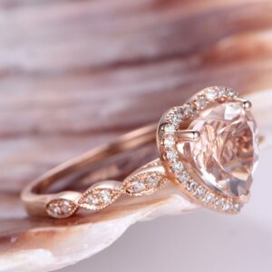 3pcs 14k Rose Gold Engagement Ring Set,8mm Heart Shaped Pink Morganite Halo Vintage Diamond Bridal Band