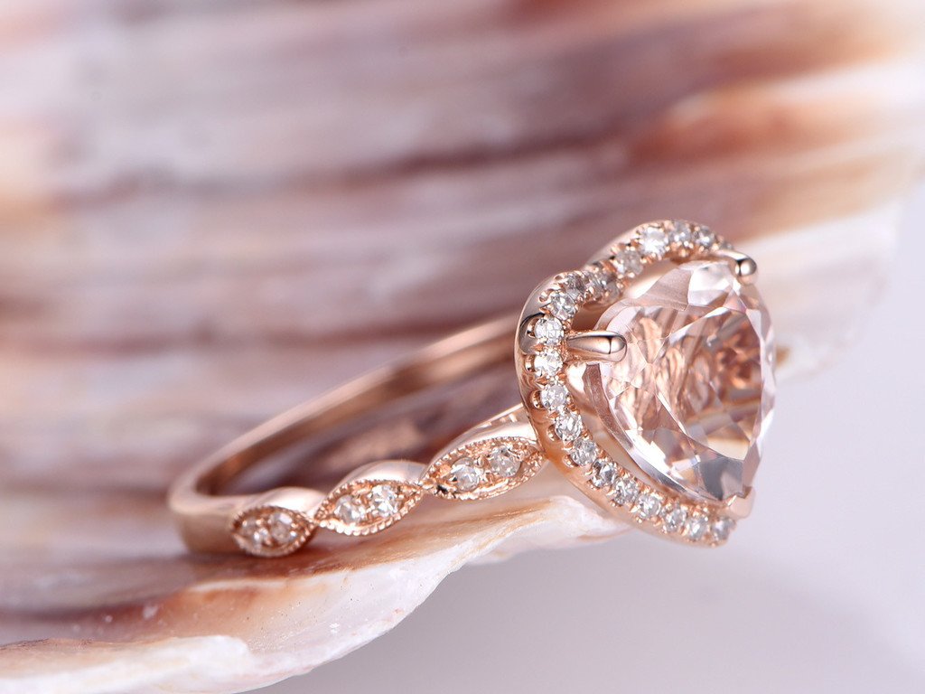 3pcs 14k Rose Gold Engagement Ring Set,8mm Heart Shaped Pink Morganite Halo Vintage Diamond Bridal Band