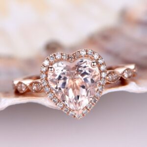 3pcs 14k Rose Gold Engagement Ring Set,8mm Heart Shaped Pink Morganite Halo Vintage Diamond Bridal Band