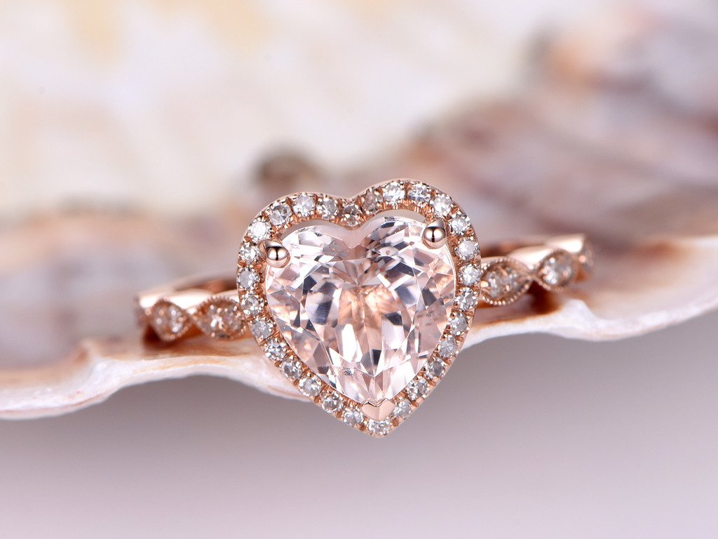 3pcs 14k Rose Gold Engagement Ring Set,8mm Heart Shaped Pink Morganite Halo Vintage Diamond Bridal Band