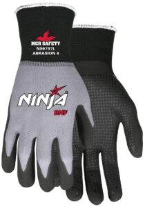 mcr safety ninja bnf n96797s work gloves, 15 gauge nylonspandex shell, breathable nitrile foam(bnf) coated palm & fingertips with grip dots, small, black