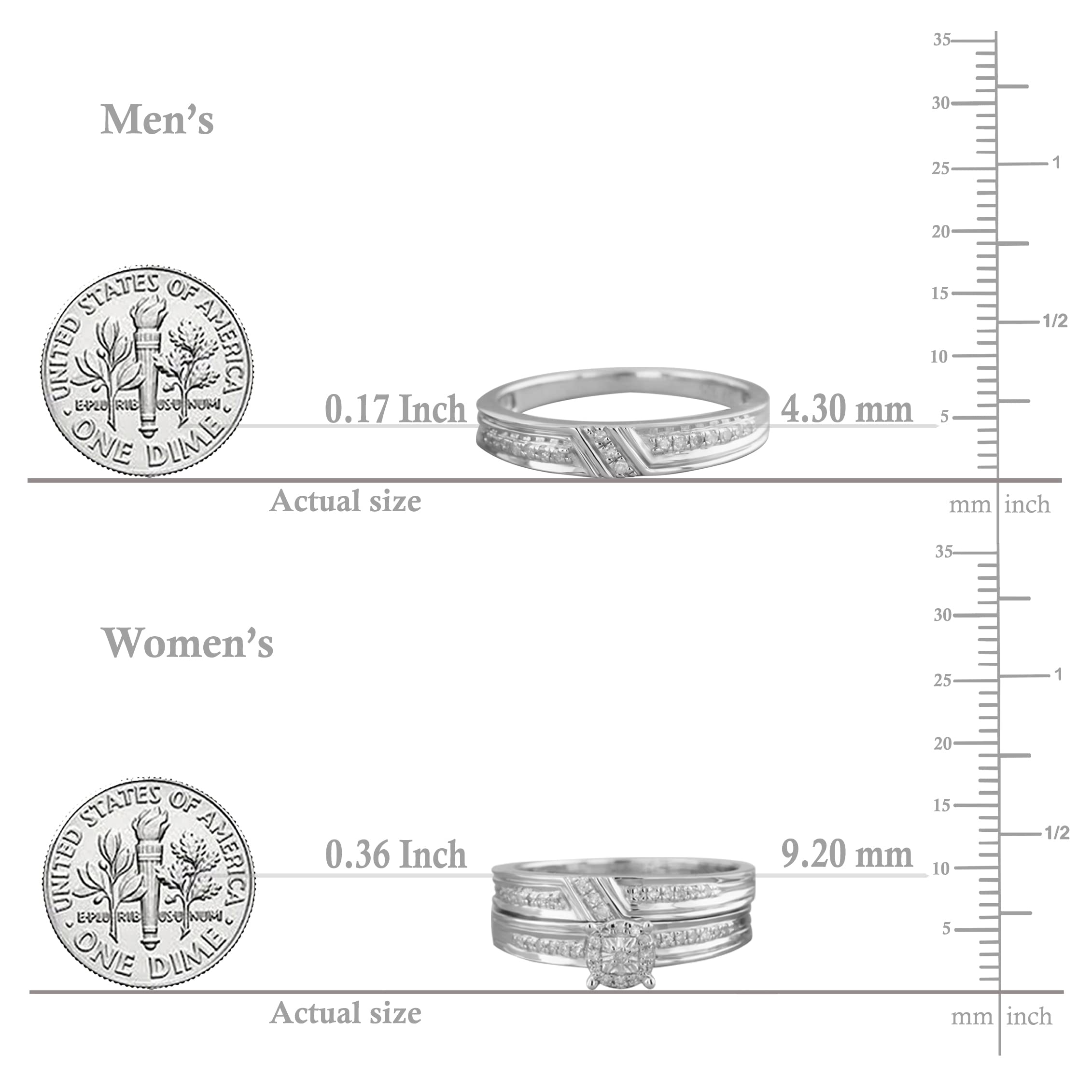 Dazzlingrock Collection 0.35 Carat (ctw) Round White Diamond Illusion Framed Wedding Trio Ring Set in 925 Sterling Silver, Women size 7 & Men size 10