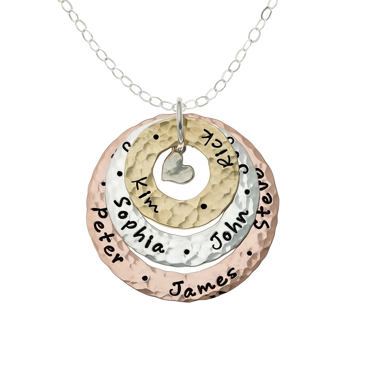 AJ's Collection Happiness All Around Personalized Family Mixed Metal Necklace with Customizable Hand Stamped Washers and Choice of Sterling Silver Chain