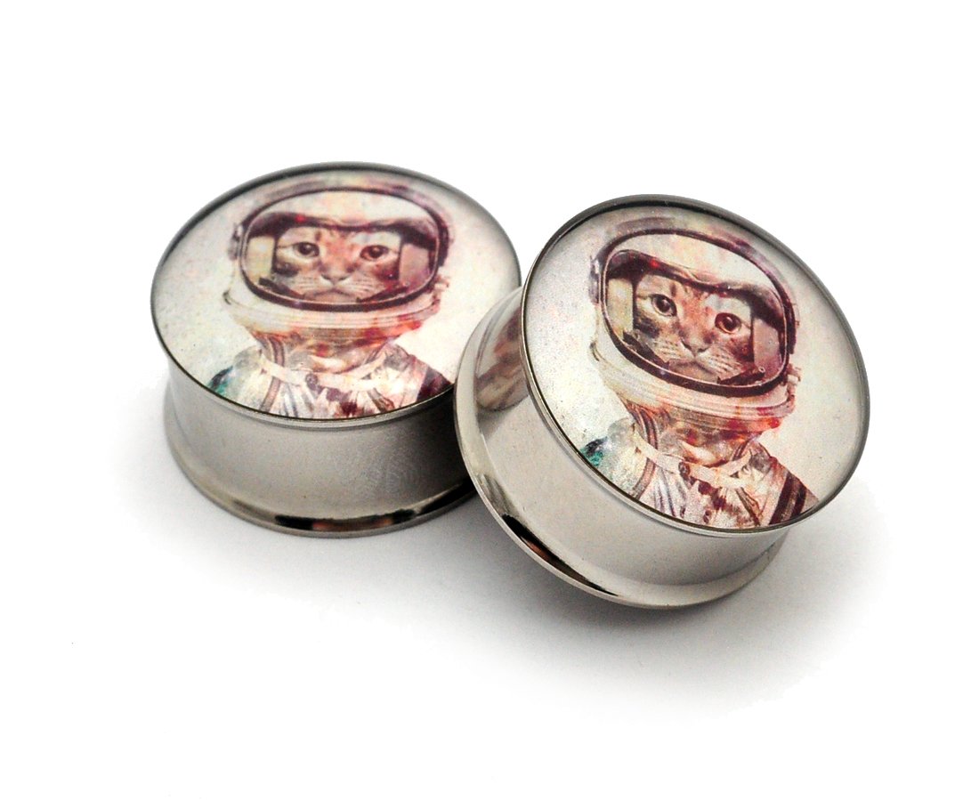 Mystic Metals Body Jewelry Double Flare Cat Astronaut Picture Plugs - Sold As a Pair (5/8" (16mm))