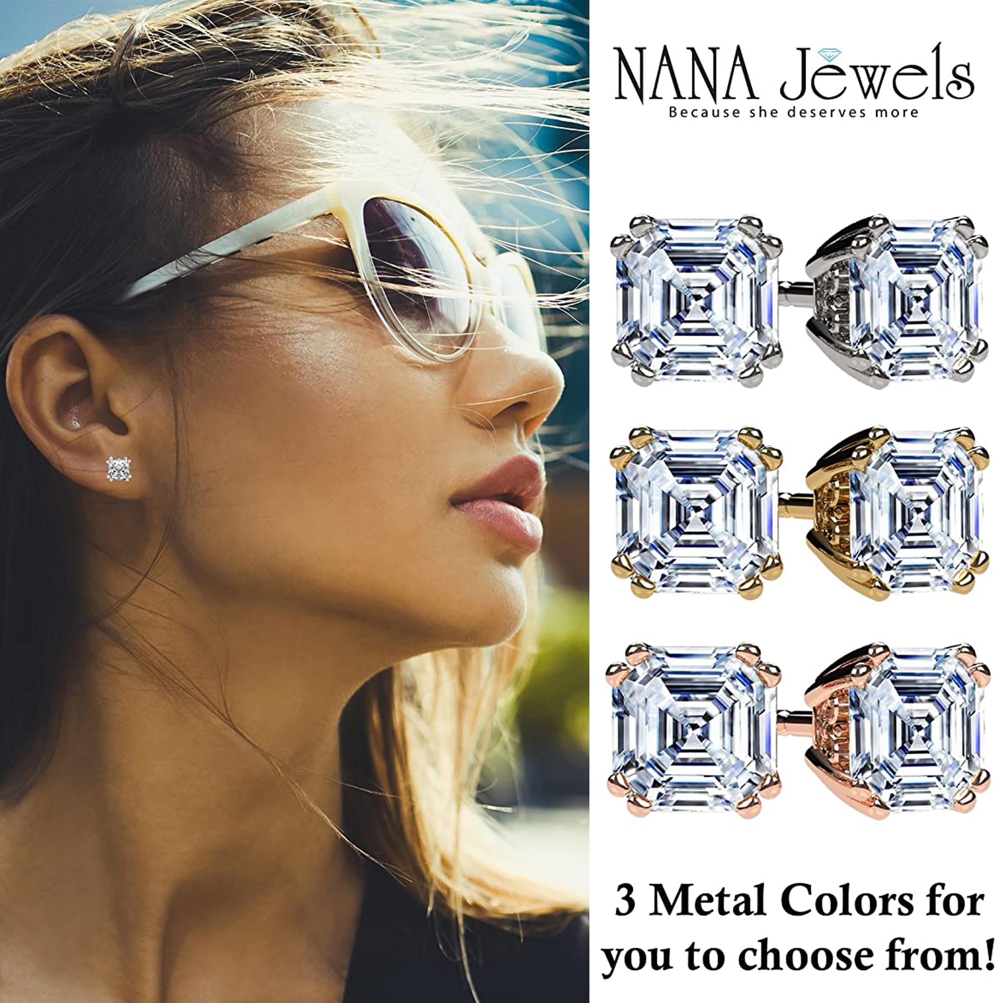 NANA Jewels Asscher Cut CZ Stud Earrings in SS316 Surgical Steel & 925 Silver 4.00ctw Cubic Zirconia - 7mm White