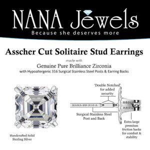 NANA Jewels Asscher Cut CZ Stud Earrings in SS316 Surgical Steel & 925 Silver 4.00ctw Cubic Zirconia - 7mm White