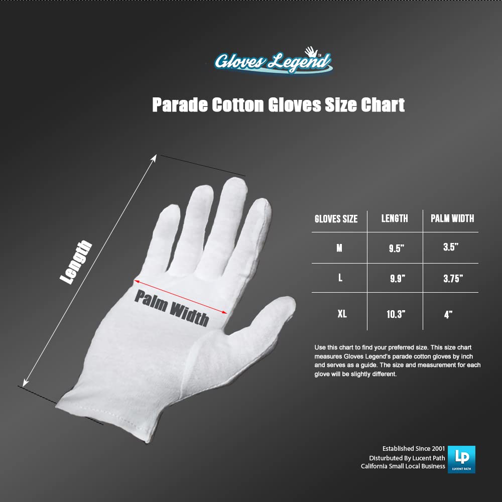 1 Pair (2 Gloves) - Gloves Legend - 100% White Cotton Marching Band Parade Formal Dress Costume Gloves For Men and Women - Medium