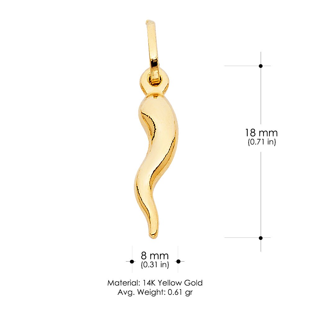 Ioka - 14K Yellow Gold Cornicello Italian Horn Charm Tiny Size Good Luck Pendant For Necklace or Chain