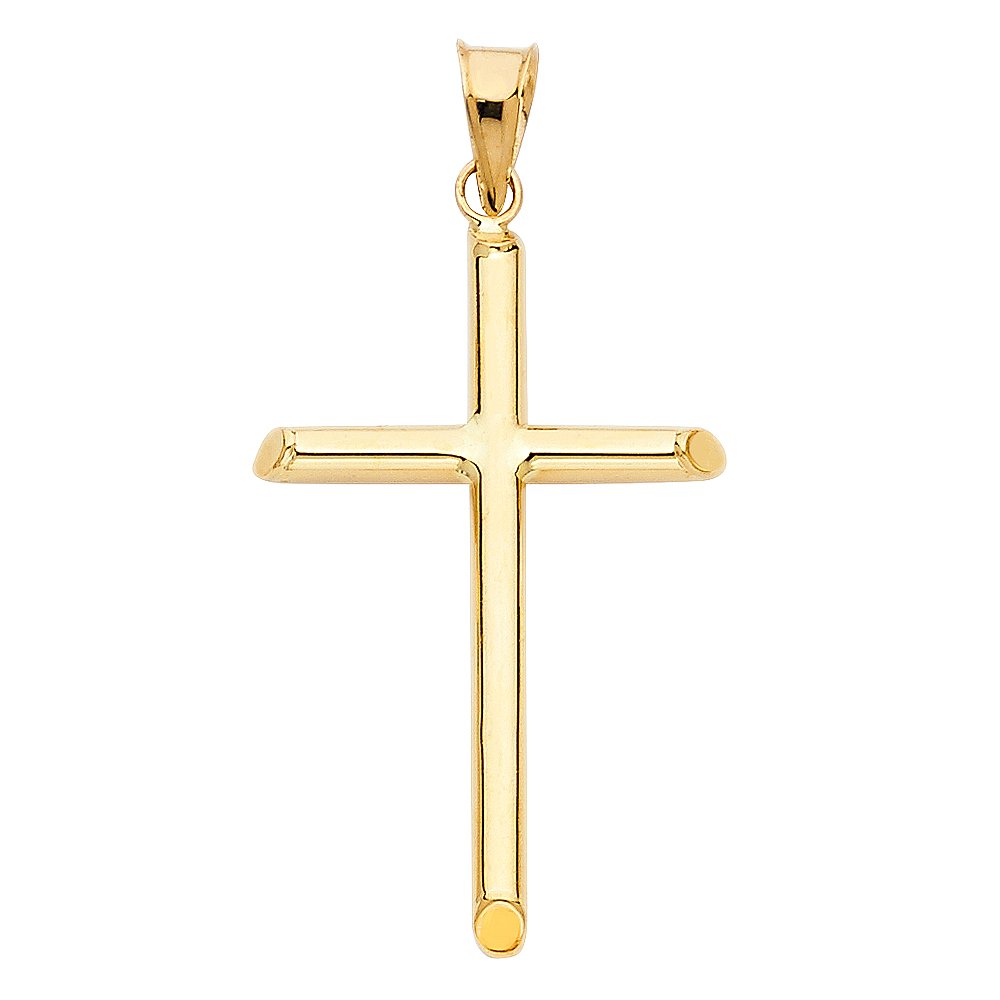 Ioka - 14K Yellow Gold Classic Plain Cross Pendant Religious Medium Size Charm For Necklace or Chain