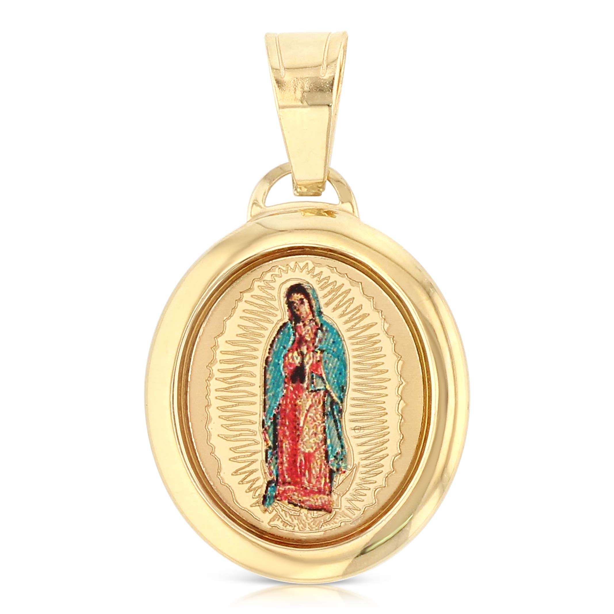 Ioka - 14K Yellow Gold Our Lady of Guadalupe Virgin Mary Enamel Picture Religious Pendant Tiny Size Charm For Necklace or Chain