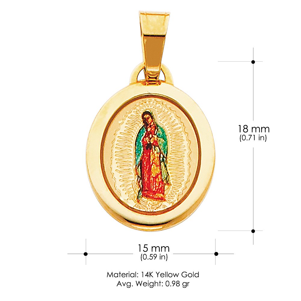 Ioka - 14K Yellow Gold Our Lady of Guadalupe Virgin Mary Enamel Picture Religious Pendant Tiny Size Charm For Necklace or Chain