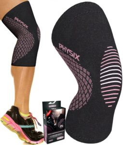 physix gear knee support brace - premium recovery & compression sleeve for meniscus tear, acl, mcl running & arthritis - best neoprene stabilizer wrap for crossfit, squats & workouts (single pink l)