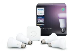 philips hue white and color ambiance a19 60w equivalent led smart bulb starter kit (4 a19 bulbs and 1 hub compatible with amazon alexa apple homekit and google assistant)