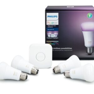 Philips Hue White and Color Ambiance A19 60W Equivalent LED Smart Bulb Starter Kit (4 A19 Bulbs and 1 Hub Compatible with Amazon Alexa Apple HomeKit and Google Assistant)