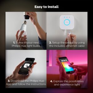 Philips Hue White and Color Ambiance A19 60W Equivalent LED Smart Bulb Starter Kit (4 A19 Bulbs and 1 Hub Compatible with Amazon Alexa Apple HomeKit and Google Assistant)