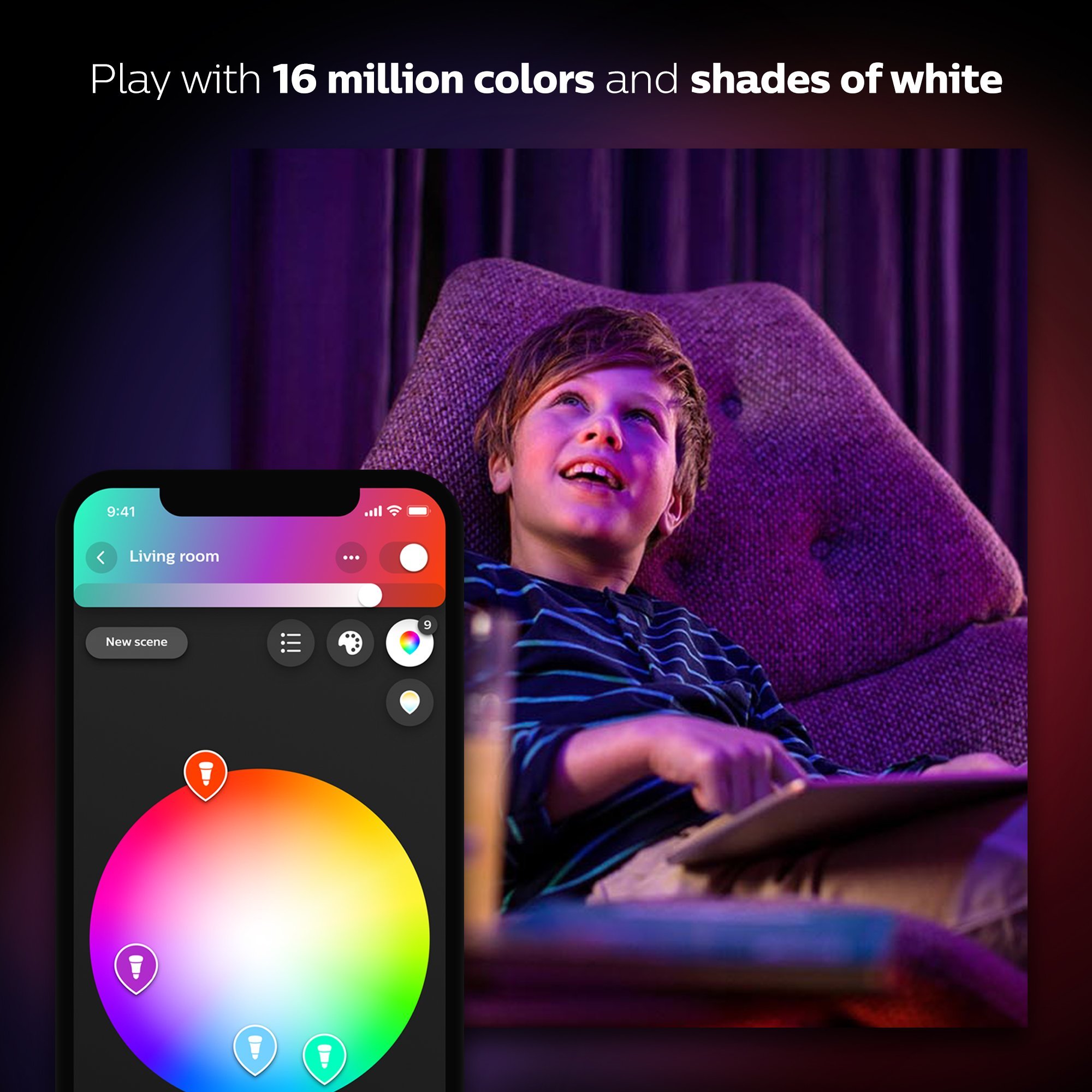 Philips Hue White and Color Ambiance A19 60W Equivalent LED Smart Bulb Starter Kit (4 A19 Bulbs and 1 Hub Compatible with Amazon Alexa Apple HomeKit and Google Assistant)