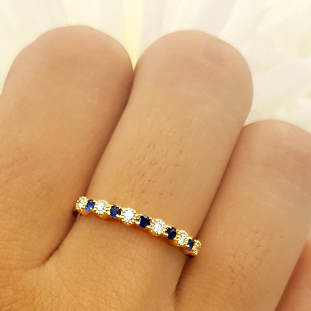 Dazzlingrock Collection 14K Round Blue Sapphire And White Diamond Ladies Bridal Wedding Band, Yellow Gold, Size 6