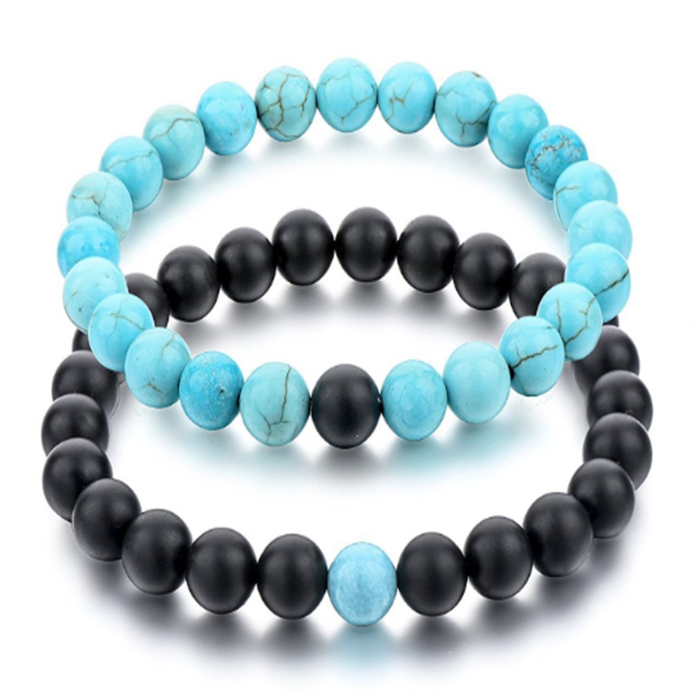 qianziqianse Black Matte Agate & Turquoise His and Hers Bracelets 8mm Sandstone Couple Bracelet Distance Bracelets XIAOLI (Turquoise Black 2pcs/Set)