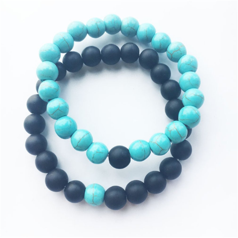 qianziqianse Black Matte Agate & Turquoise His and Hers Bracelets 8mm Sandstone Couple Bracelet Distance Bracelets XIAOLI (Turquoise Black 2pcs/Set)