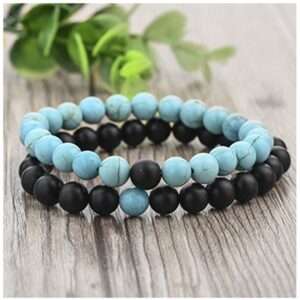 qianziqianse Black Matte Agate & Turquoise His and Hers Bracelets 8mm Sandstone Couple Bracelet Distance Bracelets XIAOLI (Turquoise Black 2pcs/Set)