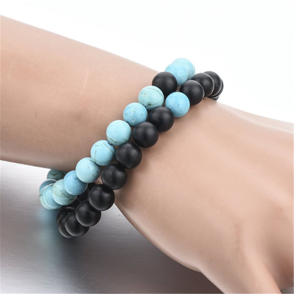 qianziqianse Black Matte Agate & Turquoise His and Hers Bracelets 8mm Sandstone Couple Bracelet Distance Bracelets XIAOLI (Turquoise Black 2pcs/Set)