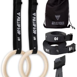 PULLUP & DIP Premium Gymnastic Rings, Wooden Gym Rings for Calisthenics - Wide Straps with Length Markings + Door Anchor + Carry Bag + Exercise Guide, Calisthenics Rings