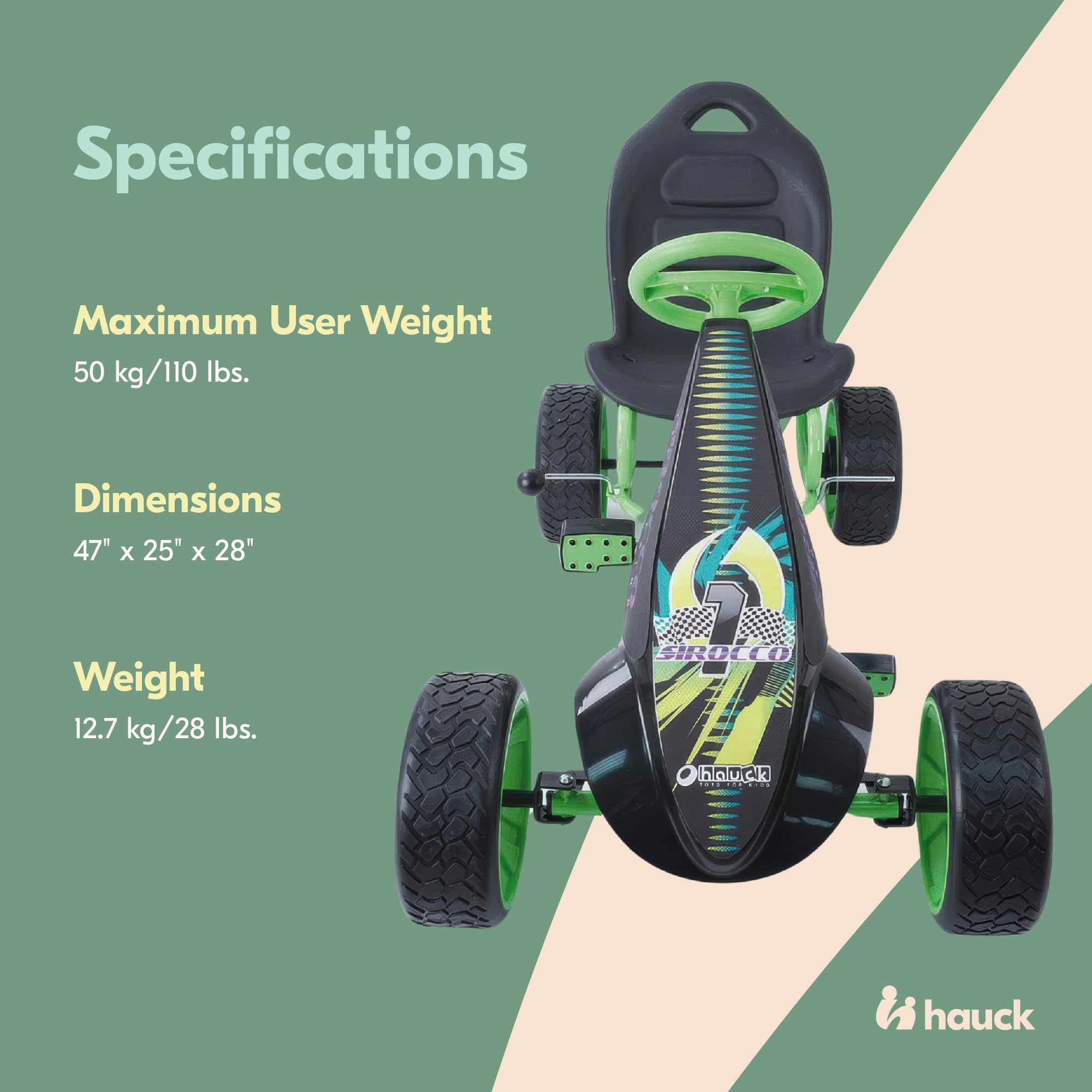 hauck Sirocco Racing Go Kart with Low Profile Rubber Tires, 8 Spoke Rim, and Clutch Free Ride for Toys, Games, and Kids' Pedal Vehicles