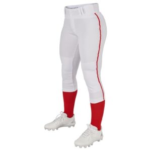 champro womens low-rise youth softball with tournament traditional low rise pant w braid, white, scarlet pipe, small us