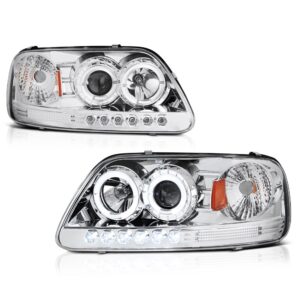 [for 1997-2003 ford f150 pickup truck] led halo ring chrome housing projector headlight headlamp assembly, driver & passenger side