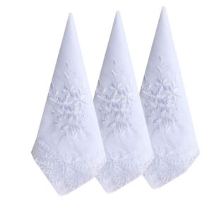 BonjourMrsMr Ladies Womes White Embroidery Cotton Handkerchiefs Wedding Hankies Scalloped 3PCS