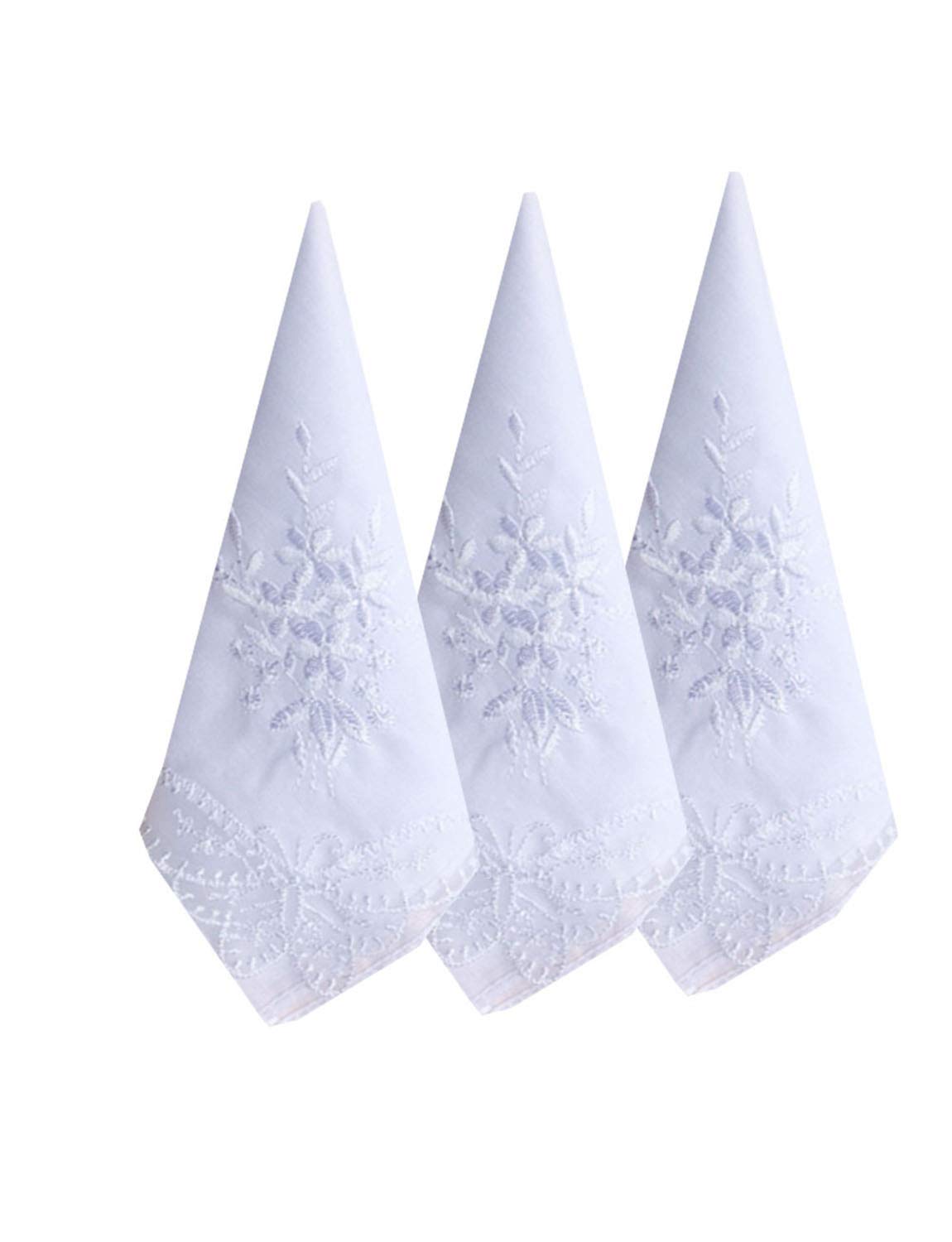 BonjourMrsMr Ladies Womes White Embroidery Cotton Handkerchiefs Wedding Hankies Scalloped 3PCS