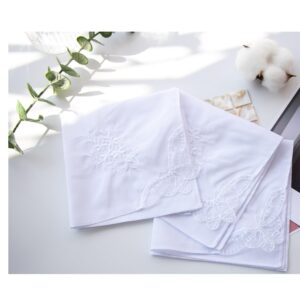 BonjourMrsMr Ladies Womes White Embroidery Cotton Handkerchiefs Wedding Hankies Scalloped 3PCS