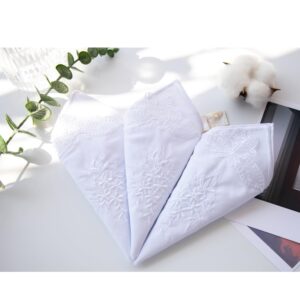 BonjourMrsMr Ladies Womes White Embroidery Cotton Handkerchiefs Wedding Hankies Scalloped 3PCS