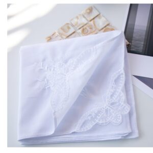 BonjourMrsMr Ladies Womes White Embroidery Cotton Handkerchiefs Wedding Hankies Scalloped 3PCS