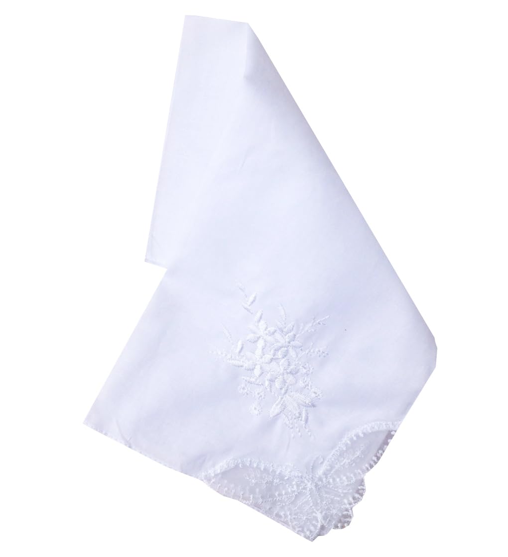 BonjourMrsMr Ladies Womes White Embroidery Cotton Handkerchiefs Wedding Hankies Scalloped 3PCS