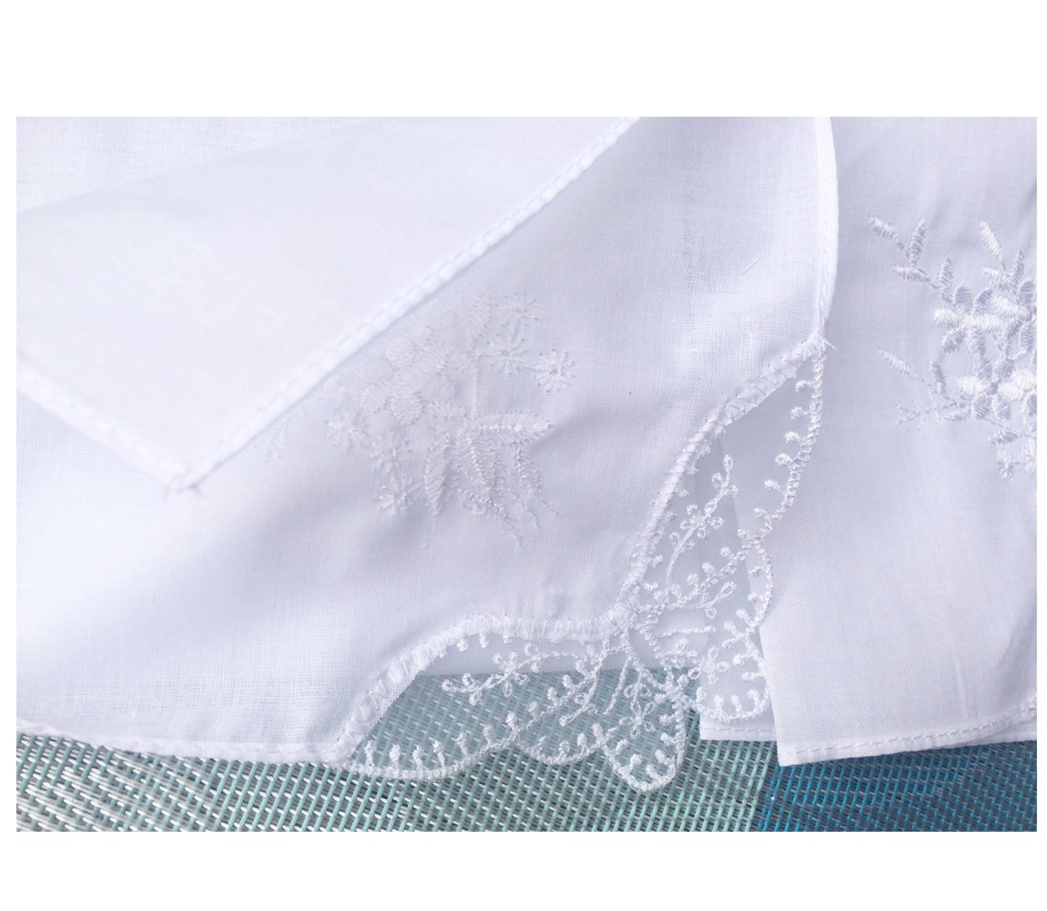 BonjourMrsMr Ladies Womes White Embroidery Cotton Handkerchiefs Wedding Hankies Scalloped 3PCS