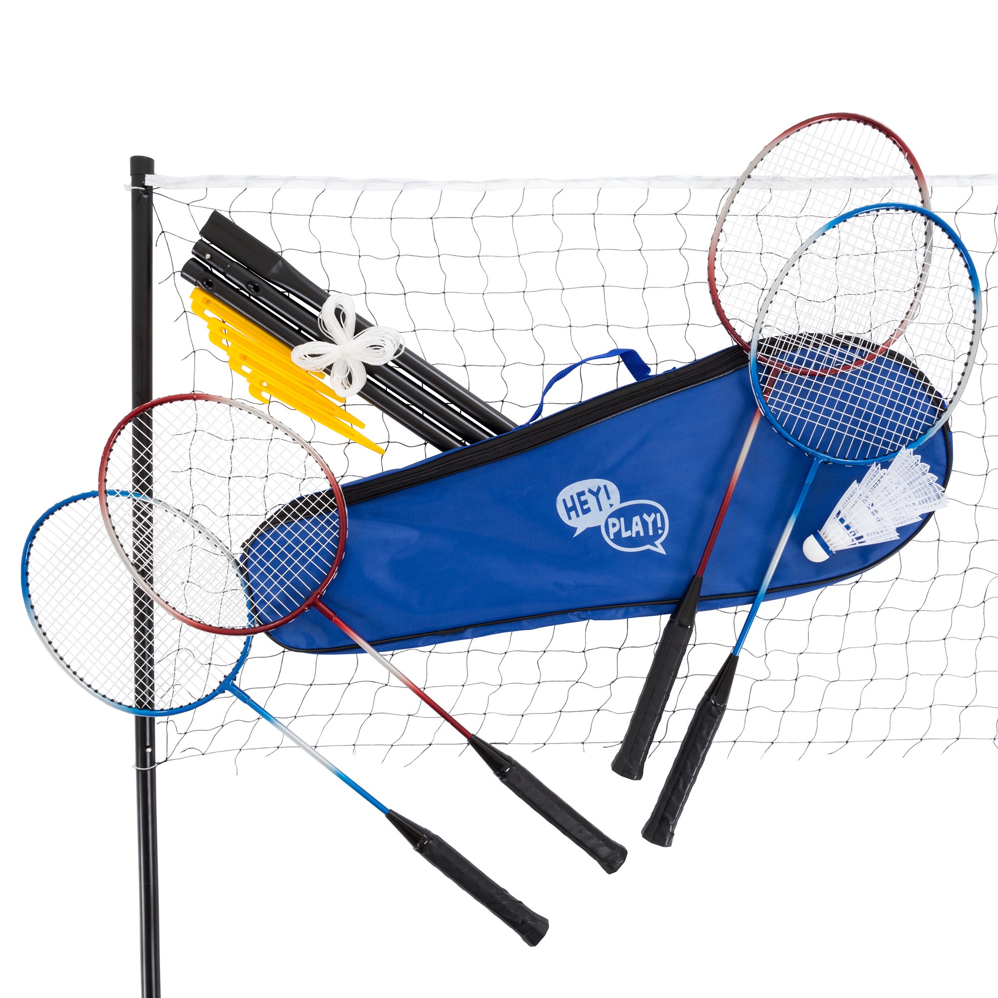 Hey! Play! Badminton Set Complete Outdoor Yard Game with 4 Racquets, Net with Poles, 3 Shuttlecocks and Carrying Case for Kids and Adults, Multi-Player