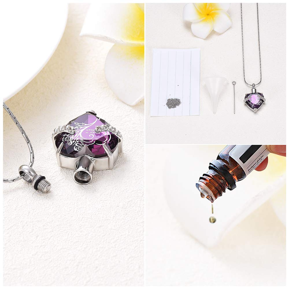 constantlife Crystal Heart Shape Cremation Jewelry Memorial Urn Necklace for Ashes, Stainless Steel Ash Holder Pendant Keepsake with Gift Box Charms Accessories for Women (Purple + White)