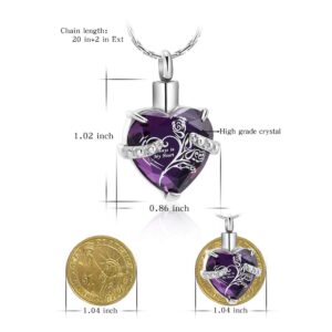 constantlife Crystal Heart Shape Cremation Jewelry Memorial Urn Necklace for Ashes, Stainless Steel Ash Holder Pendant Keepsake with Gift Box Charms Accessories for Women (Purple + White)