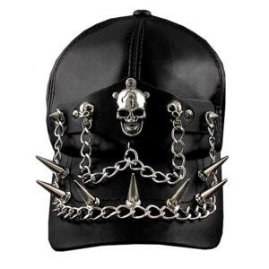 cool spike goth skull real leather cap bassbal hat men's biker punk rock black