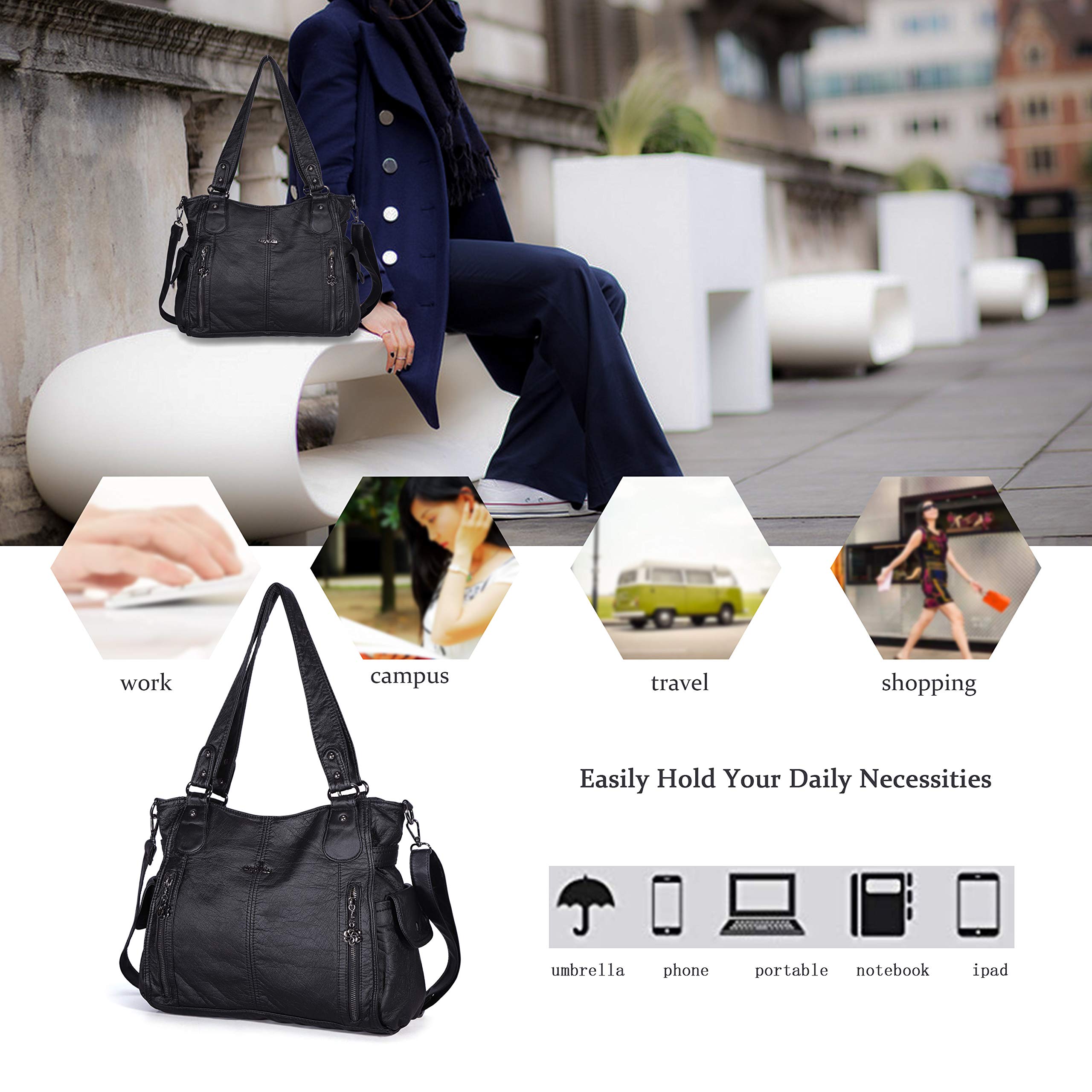 Handbag Hobo Women Shoulder Bag/Handbag Roomy Multiple Pockets Fashion PU Tote, Black